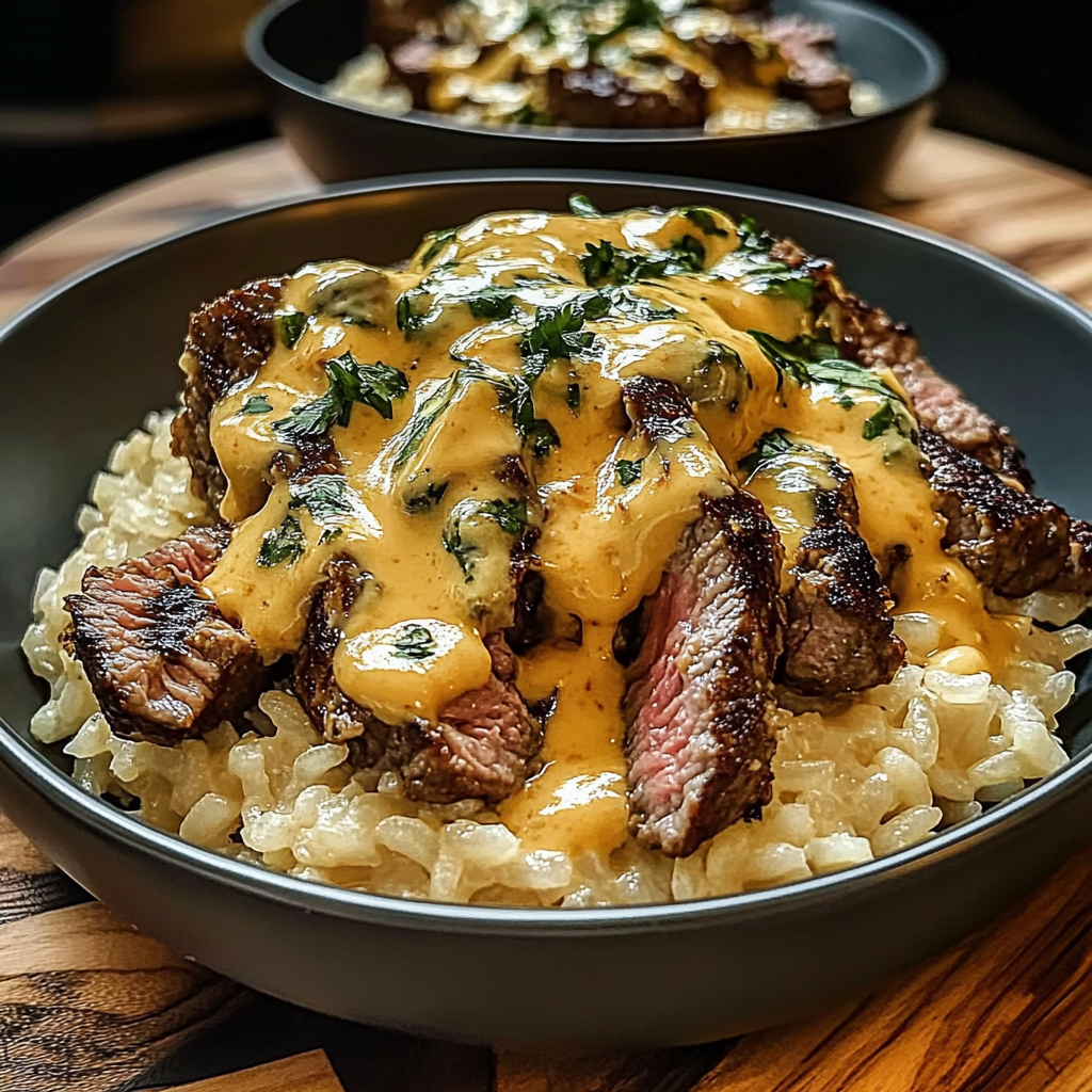 Amazing Creamy Queso Rice with Juicy Steak Strips Delight