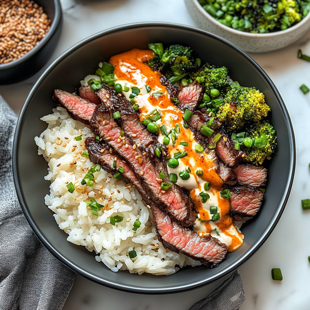 Amazing Korean BBQ Steak Rice Bowls with Spicy Cream Sauce